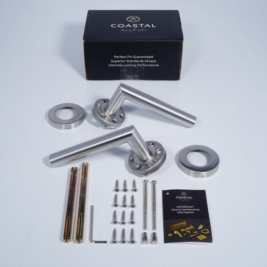 Mitre Lever Door Handle on Round Rose BLU KM060C 316 Stainless Steel ...