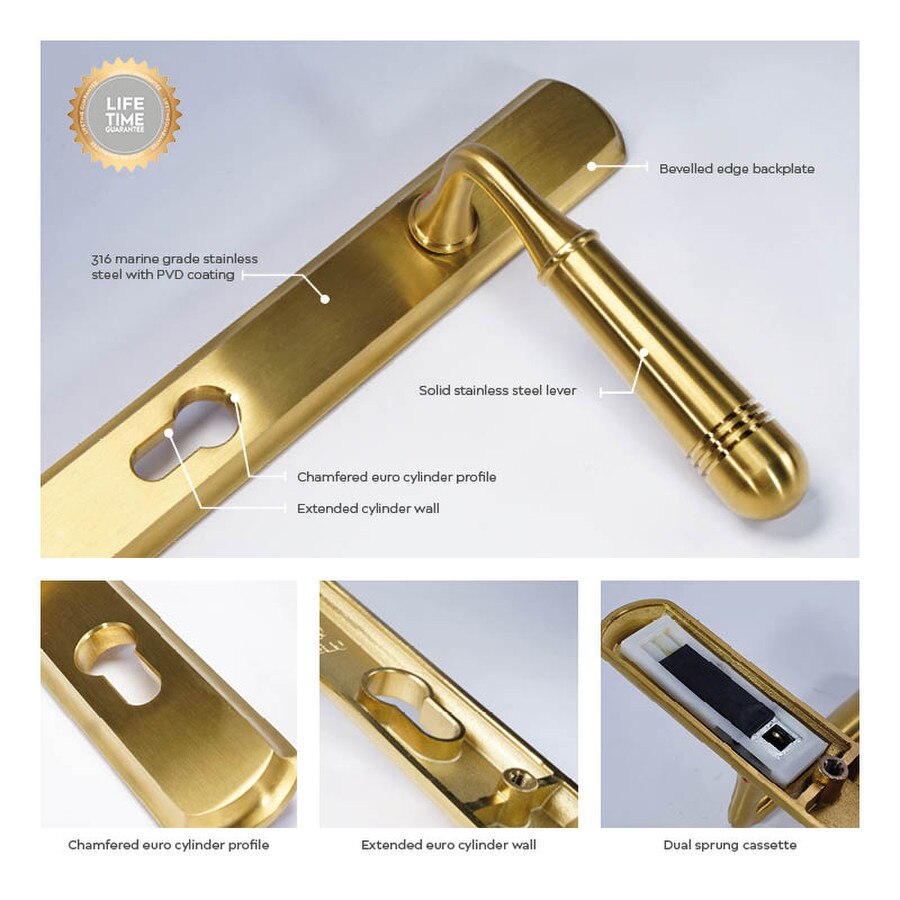 Opera Lever Handle on 092 Backplate, PVD Satin Brass Finish | Coastal Group